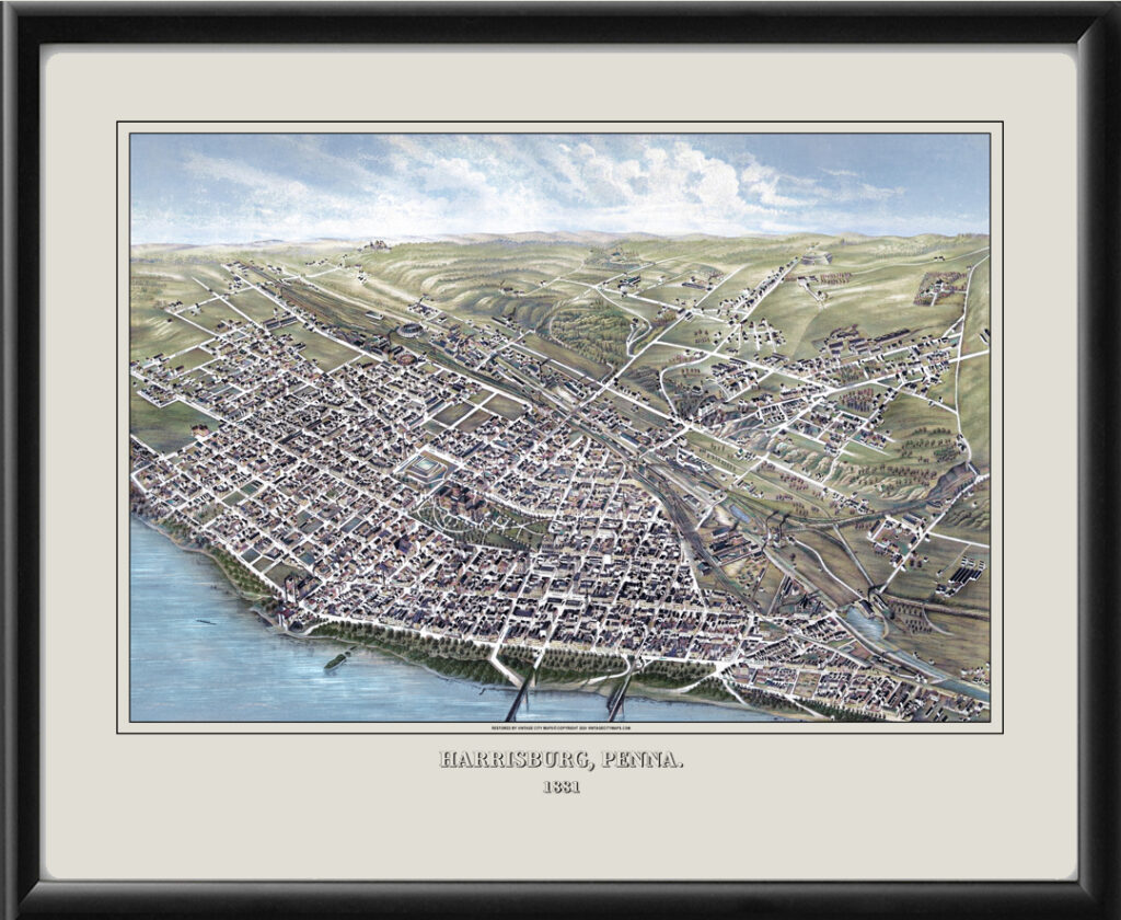 Harrisburg PA 1881 Restored Bird's Eye View Map | Vintage City Maps