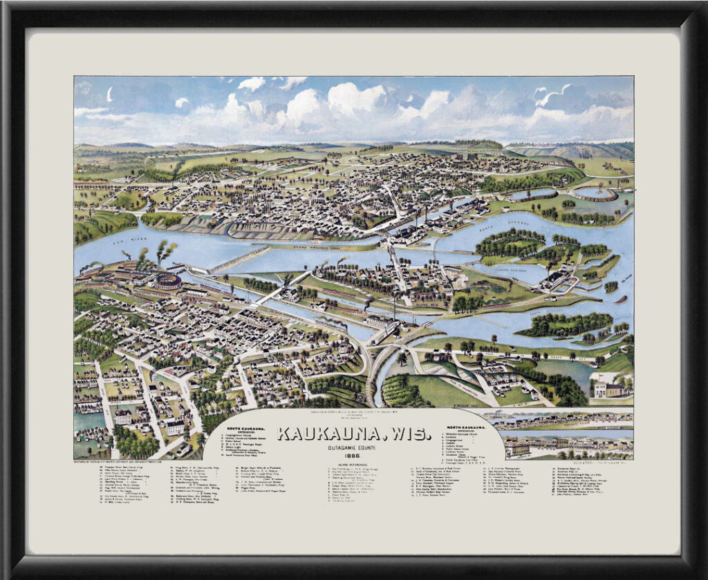 Kaukauna WI 1886 (Color) Restored Bird's Eye View Map | Vintage City Maps