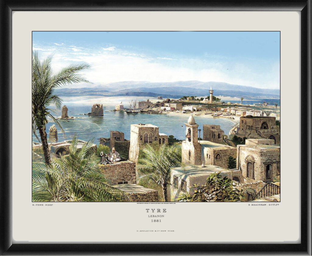 Tyre Lebanon 1881 (Color) - Restored Bird's Eye View | Vintage City Maps