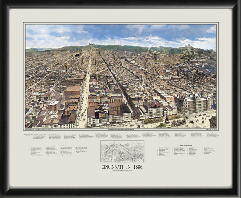 Cincinnati OH 1886 (Color) - Restored Bird's Eye view Map | Vintage ...
