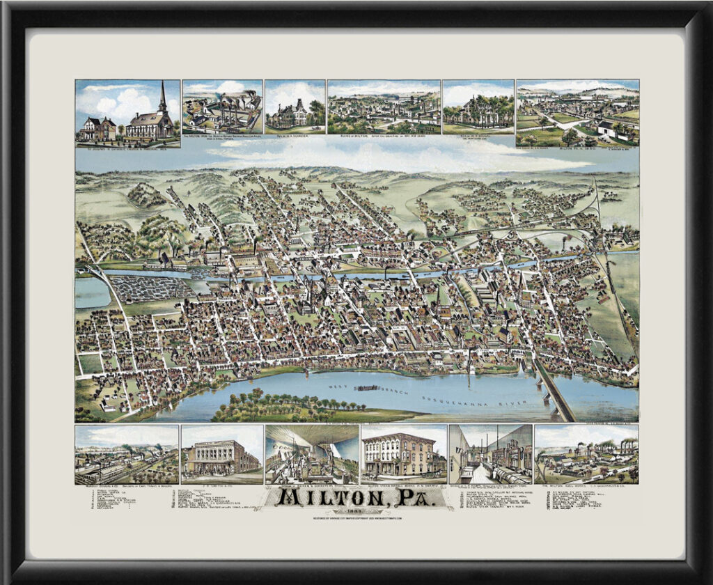 Milton PA 1883 - Restored Bird's Eye View Map - Vintage City Maps