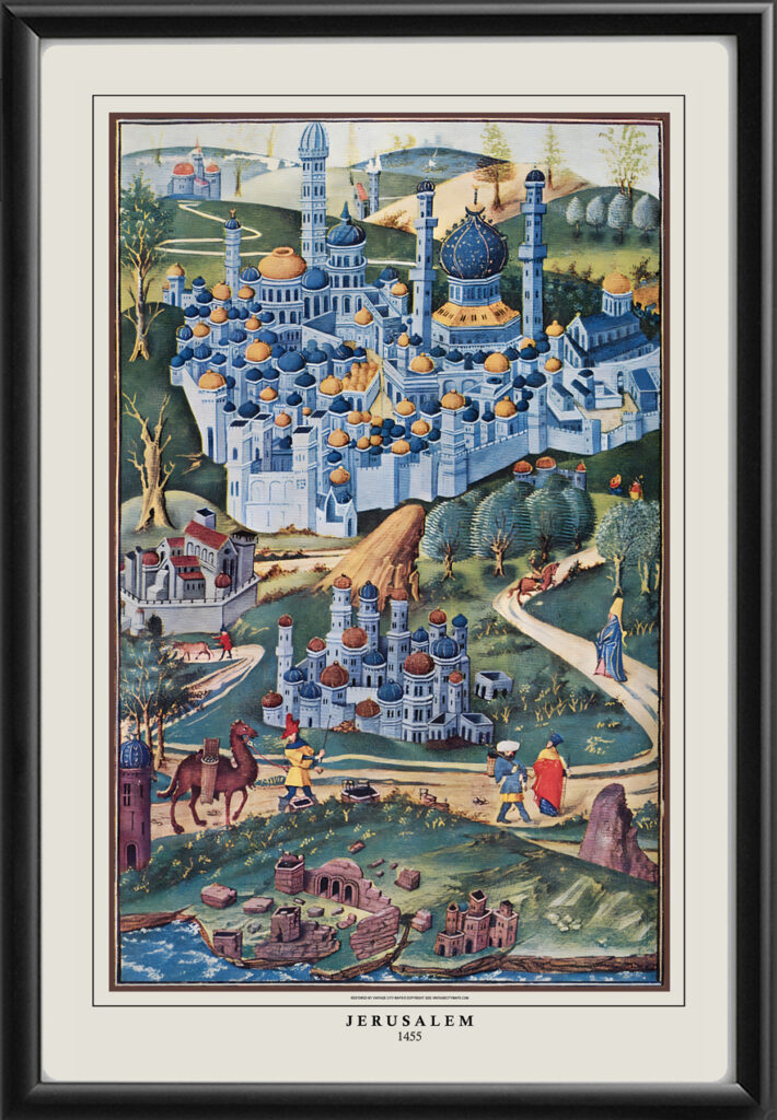 Jerusalem Israel 1455 - Restored Bird's Eye View Map | Vintage City Maps
