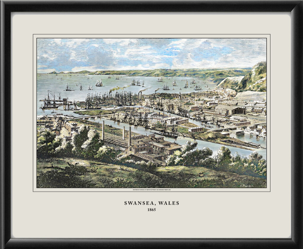 Swansea Wales 1865 (Color) - Vintage City Maps, Restored Bird's Eye View