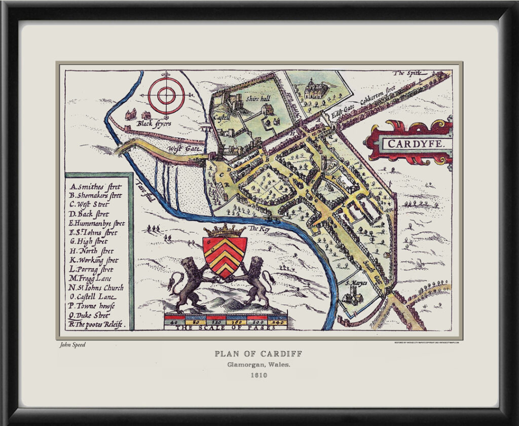 Cardiff Wales 1610 - Vintage City Maps, Restored Bird's Eye View