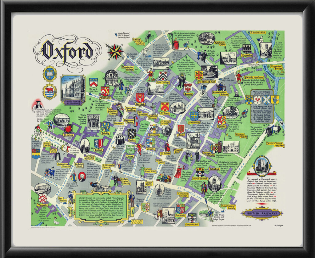 Oxford England 1949 Restored Bird's Eye View Map | Vintage City Maps