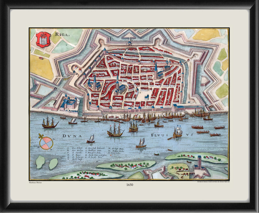 Riga Latvia 1650 - Restored Bird's Eye View Map | Vintage City Maps