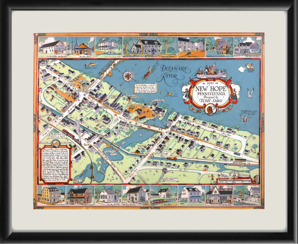 New Hope PA 1941 - Restored Pictorial Bird's Eye View Map | Vintage ...