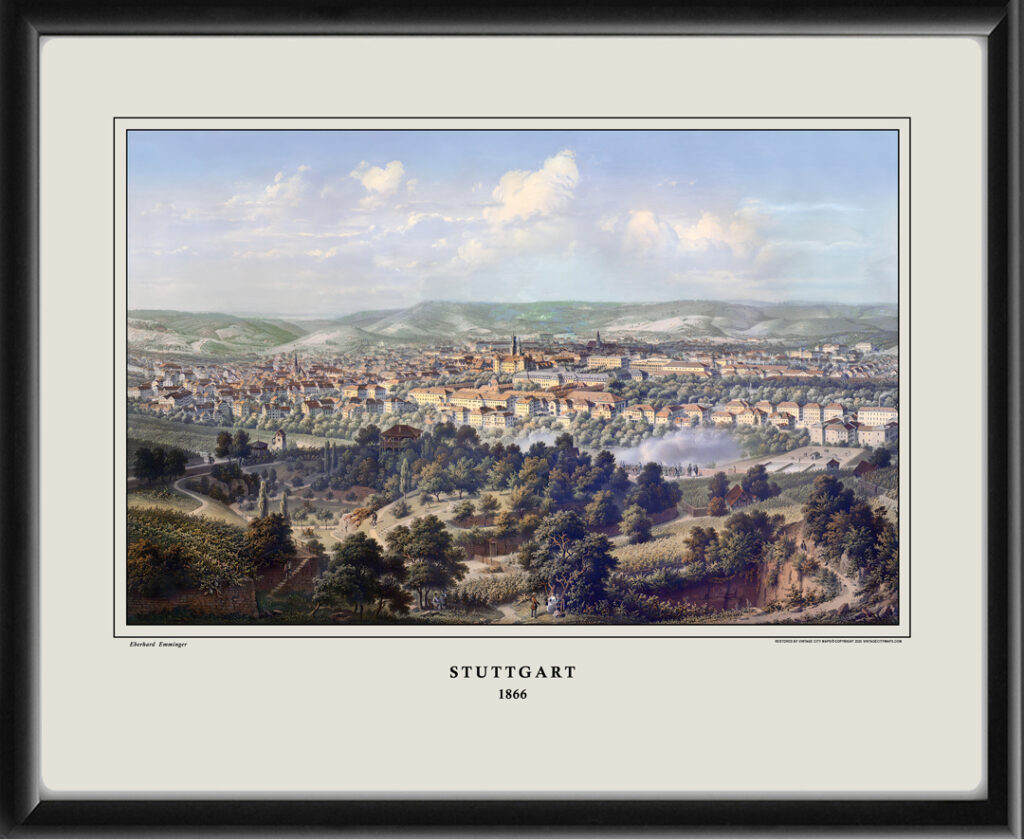 Stuttgart Germany 1866 - Restored Bird's Eye View | Vintage City Maps