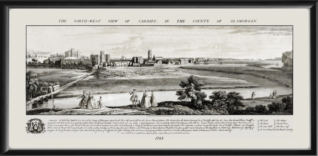 Cardiff, Wales 1748 - Restored Panoramic View Map | Vintage City Maps