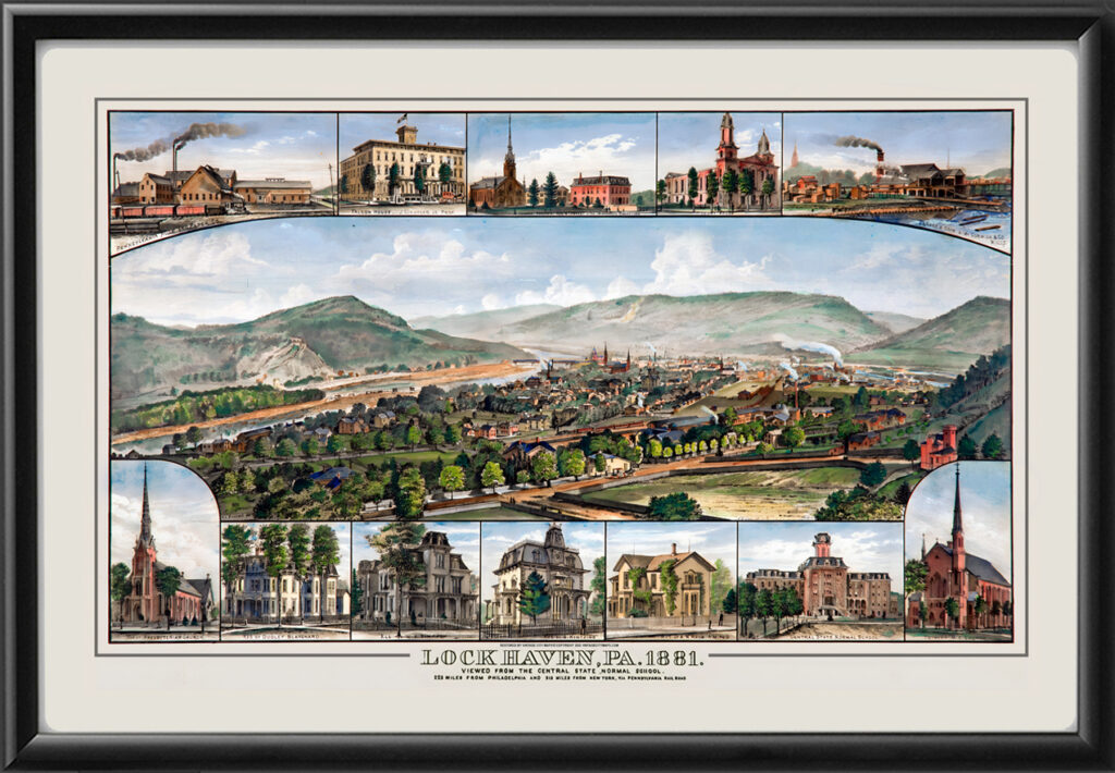 Lock Haven PA 1881 - Restored Bird's Eye View | Vintage City Maps