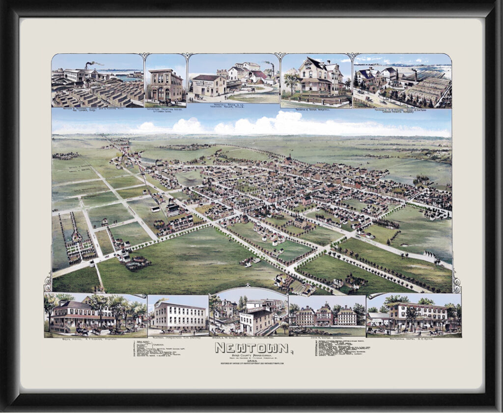 Newtown PA 1893 (Color) - Restored Bird's Eye View Map | Vintage City Maps