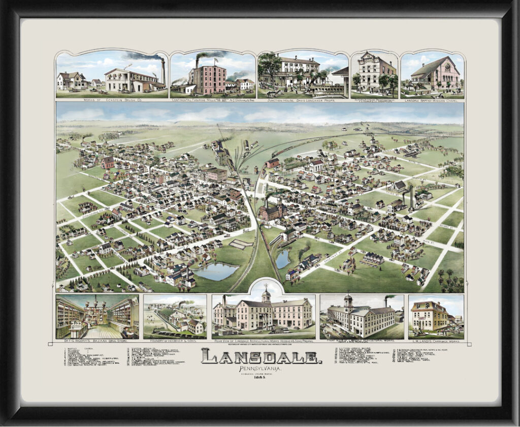 Lansdale PA 1885 (Color) | Vintage City Maps - Restored Bird's Eye Views