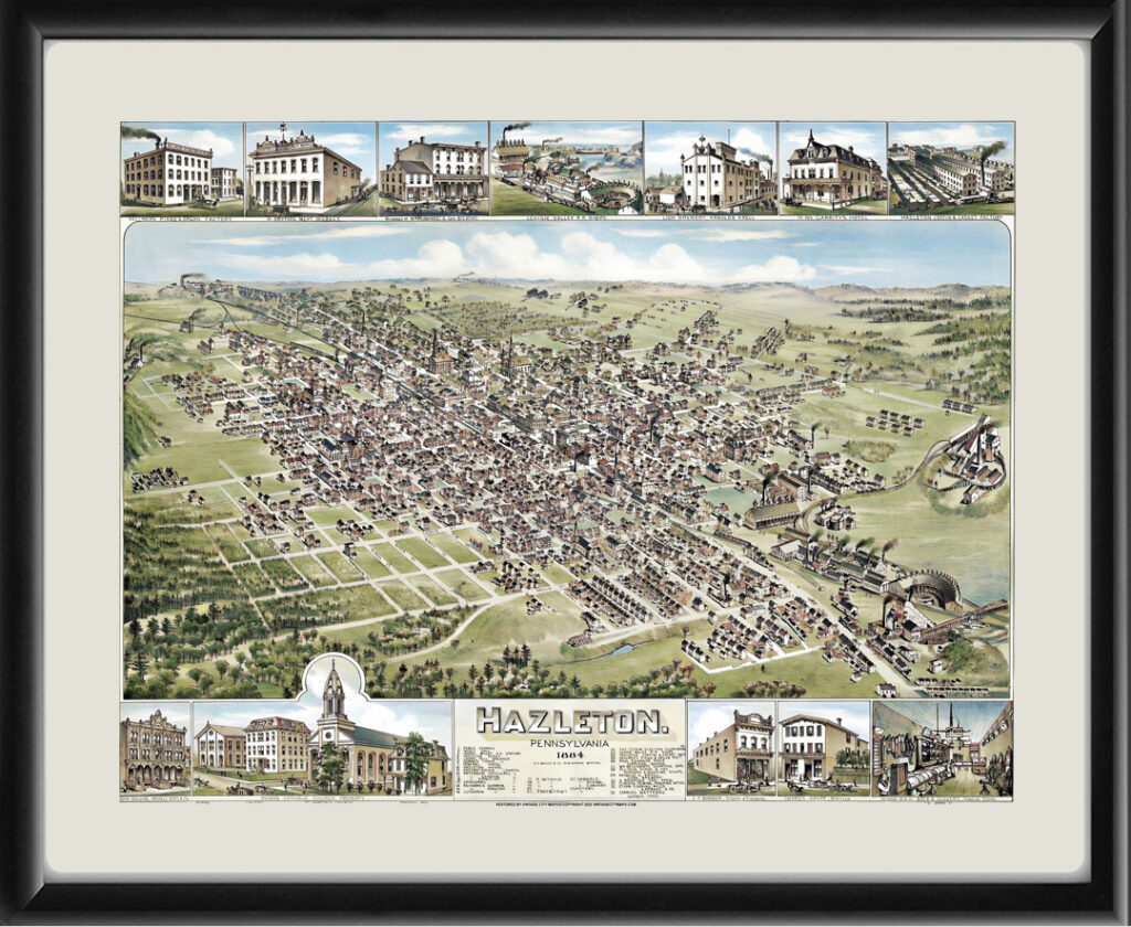 Hazleton PA 1884 (Color) - Restored Bird's Eye View Map | Vintage City Maps
