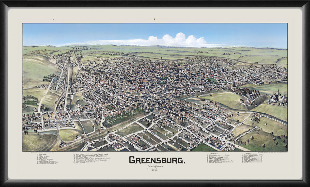 Greensburg PA 1901 (Color) - Restored Bird's Eye View Map | Vintage ...