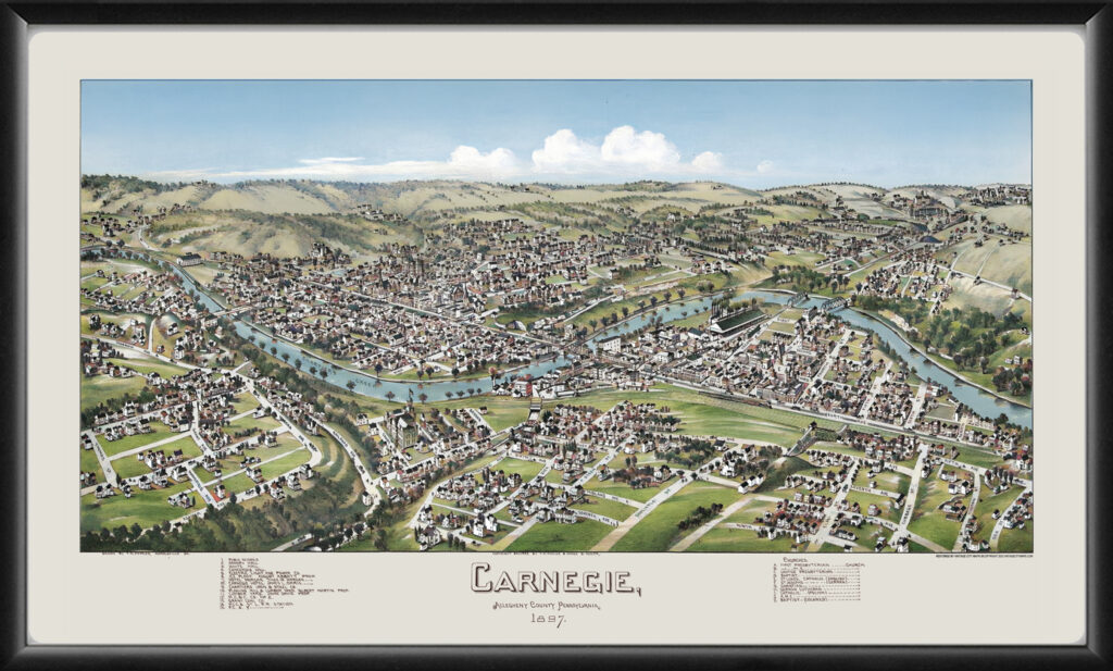 Carnegie PA 1897 (Color) - Restored Bird's Eye View Map | Vintage City Maps
