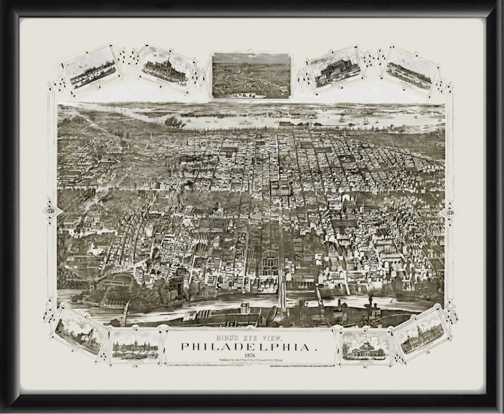 Philadelphia PA 1876 - Restored Bird's Eye View Map | Vintage City Maps