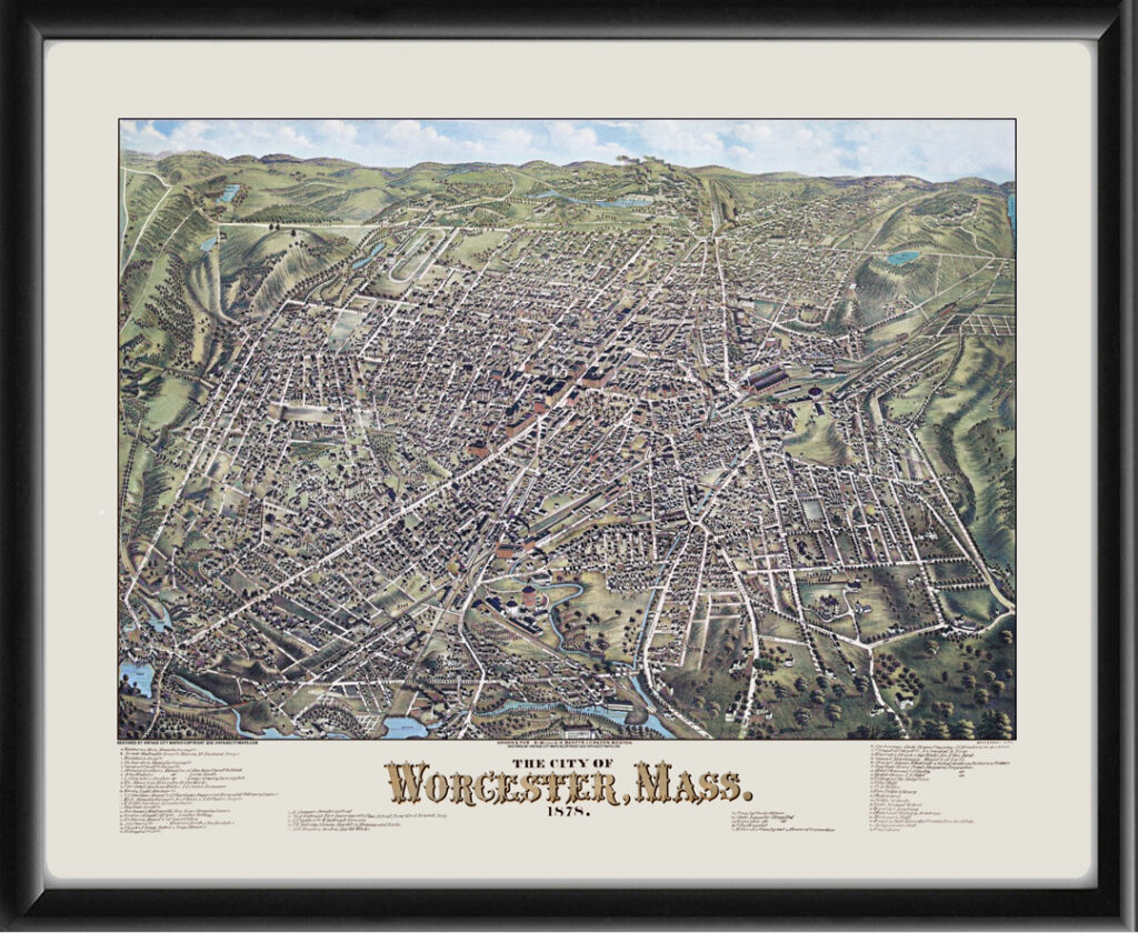 Worcester MA 1878 (Color) - Restored Bird's Eye View Map | Vintage City ...