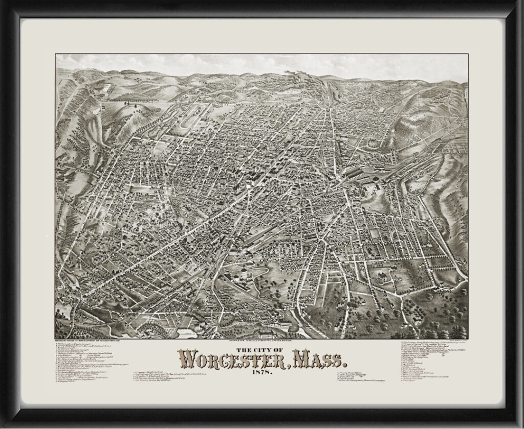 Worcester MA 1878 - Restored Bird's Eye View Map | Vintage City Maps