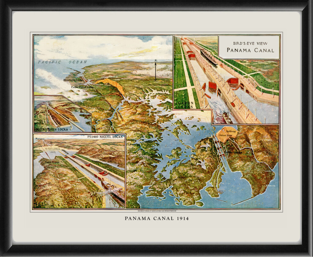 Panama Canal, Panama 1914 - Restored Bird's Eye View Map | Vintage City ...