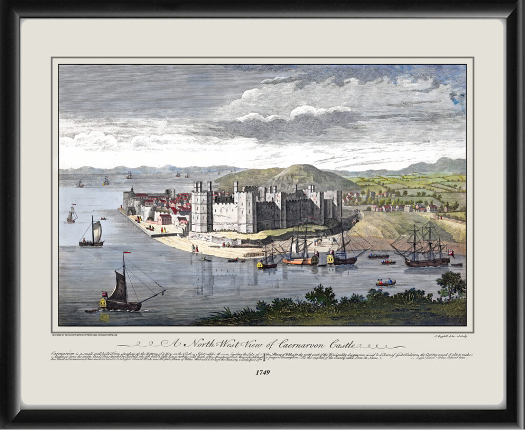 Caernarvon Castle, Wales 1749 - Vintage City Maps, Restored Bird's Eye View