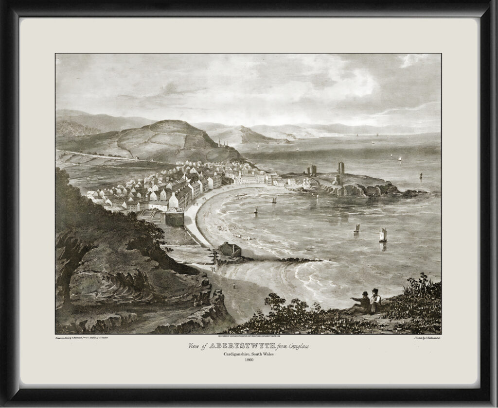 Aberystwyth, Wales 1860 - Vintage City Maps, Restored Bird's Eye View