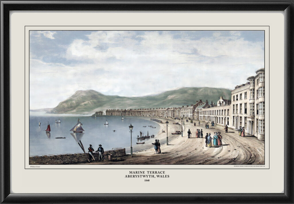 Aberystwyth, Wales 1840 - Vintage City Maps, Restored Bird's Eye View
