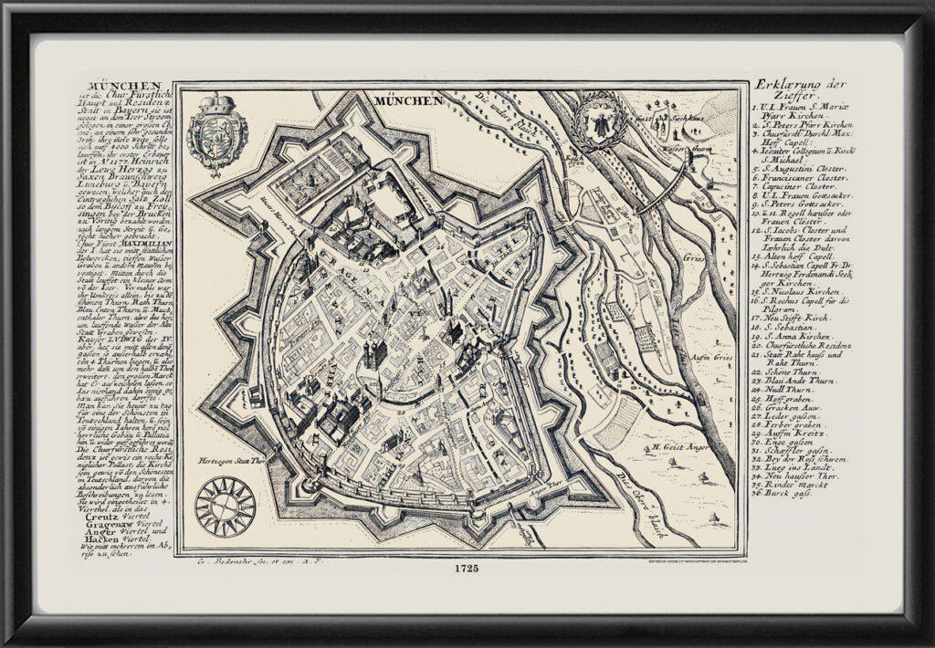 Munich Germany 1725 - Restored Bird's Eye View Map | Vintage City Maps
