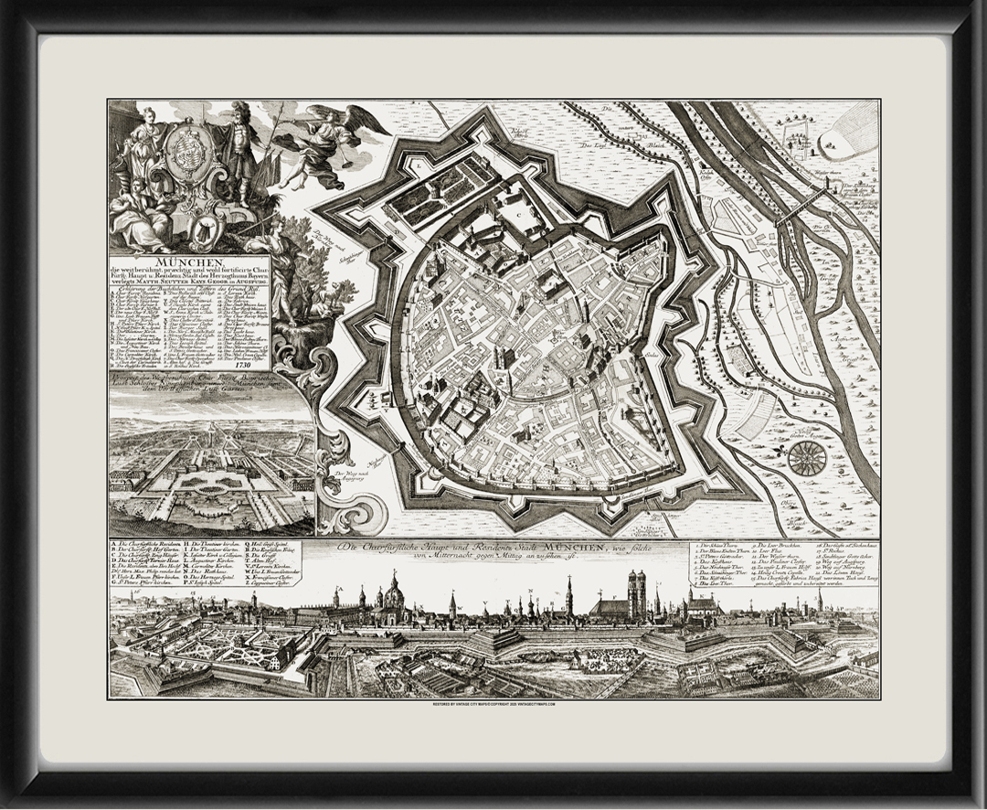 Munich Germany 1730 - Restored Bird's Eye View Map | Vintage City Maps