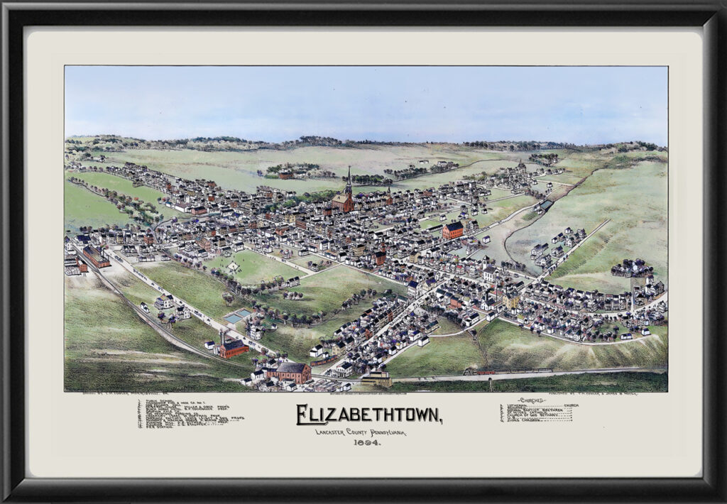 Bird's eye view map of Elizabethtown, PA 1894 - Vintage City Maps