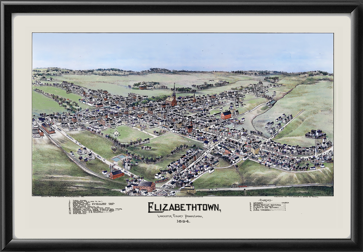 Bird's eye view map of Elizabethtown, PA 1894 - Vintage City Maps
