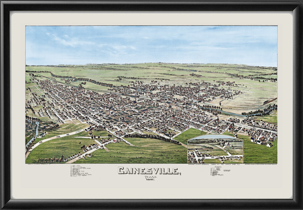 Gainesville TX 1891 (Color) - Restored Bird's Eye View Map | Vintage ...