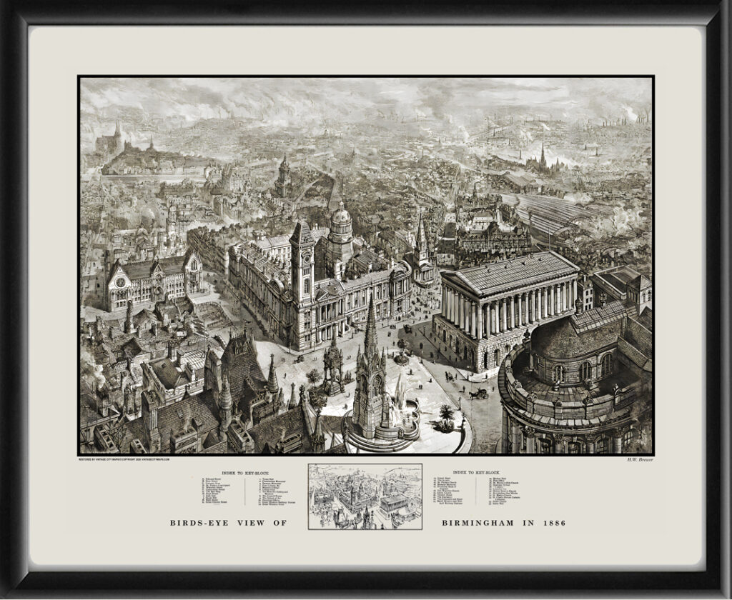 Birmingham England 1886 - Restored Bird's Eye View Map | Vintage City Maps
