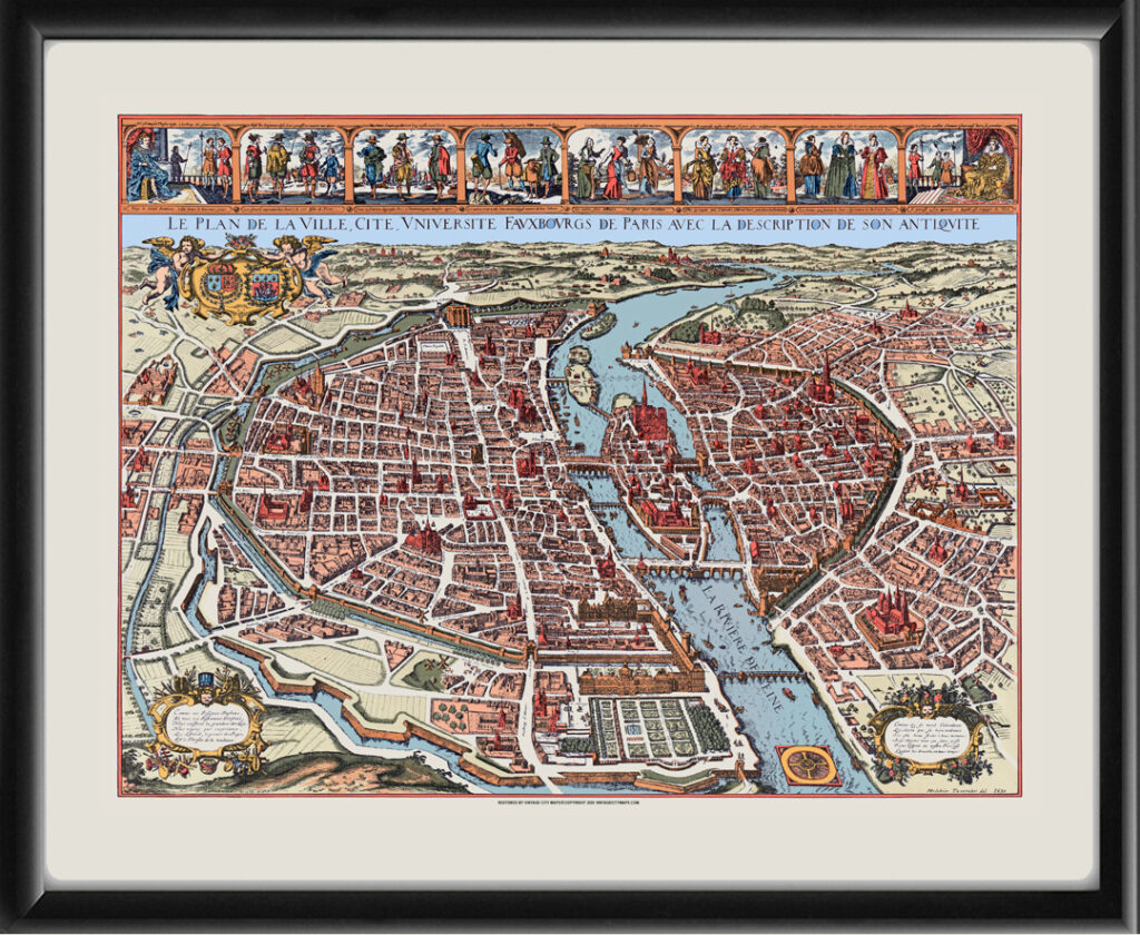 Paris France 1615 (Color) - Restored Bird's Eye View Map | Vintage City ...