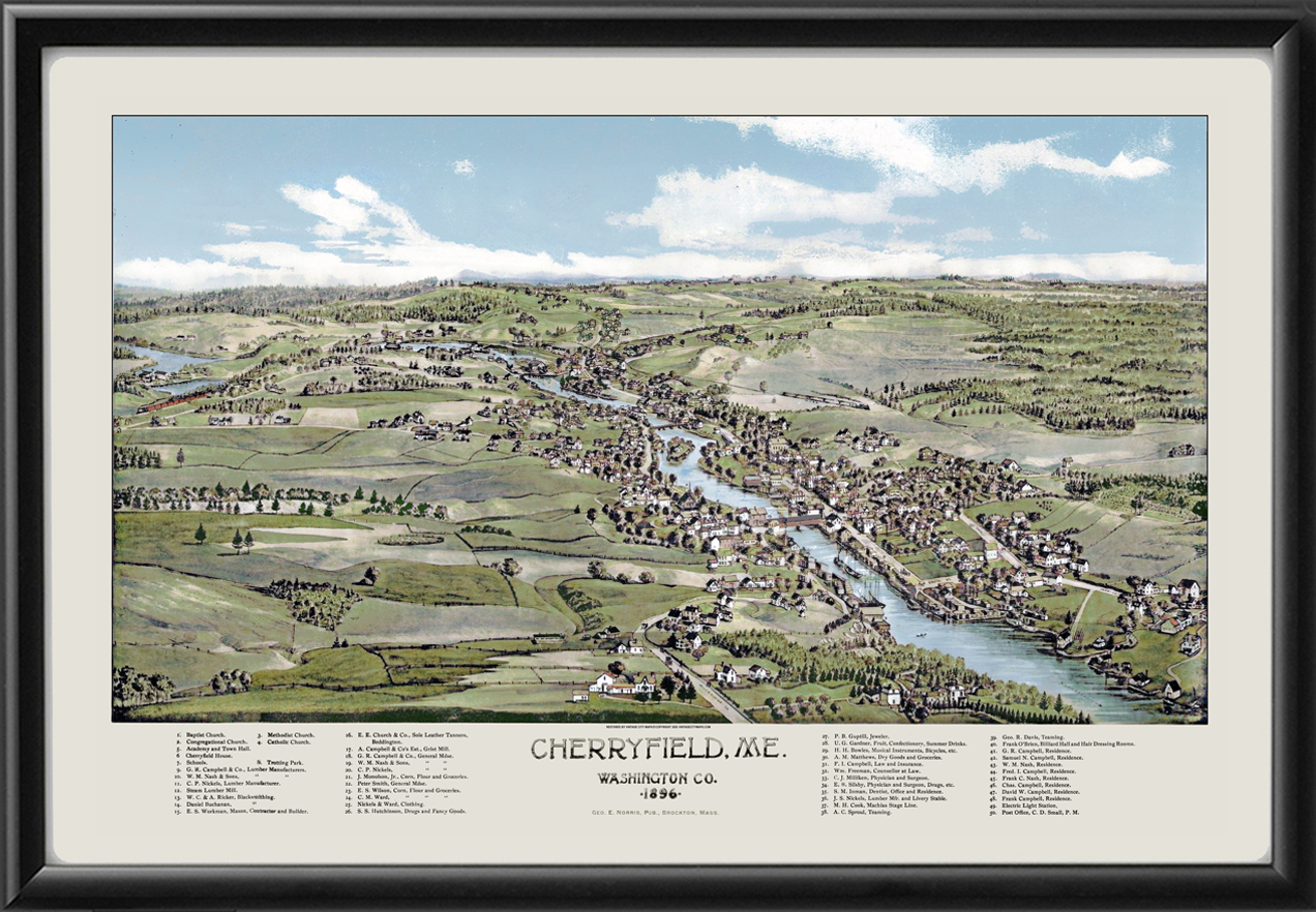 Cherryfield ME 1896 (Color) - Restored Bird's Eye View Map | Vintage ...