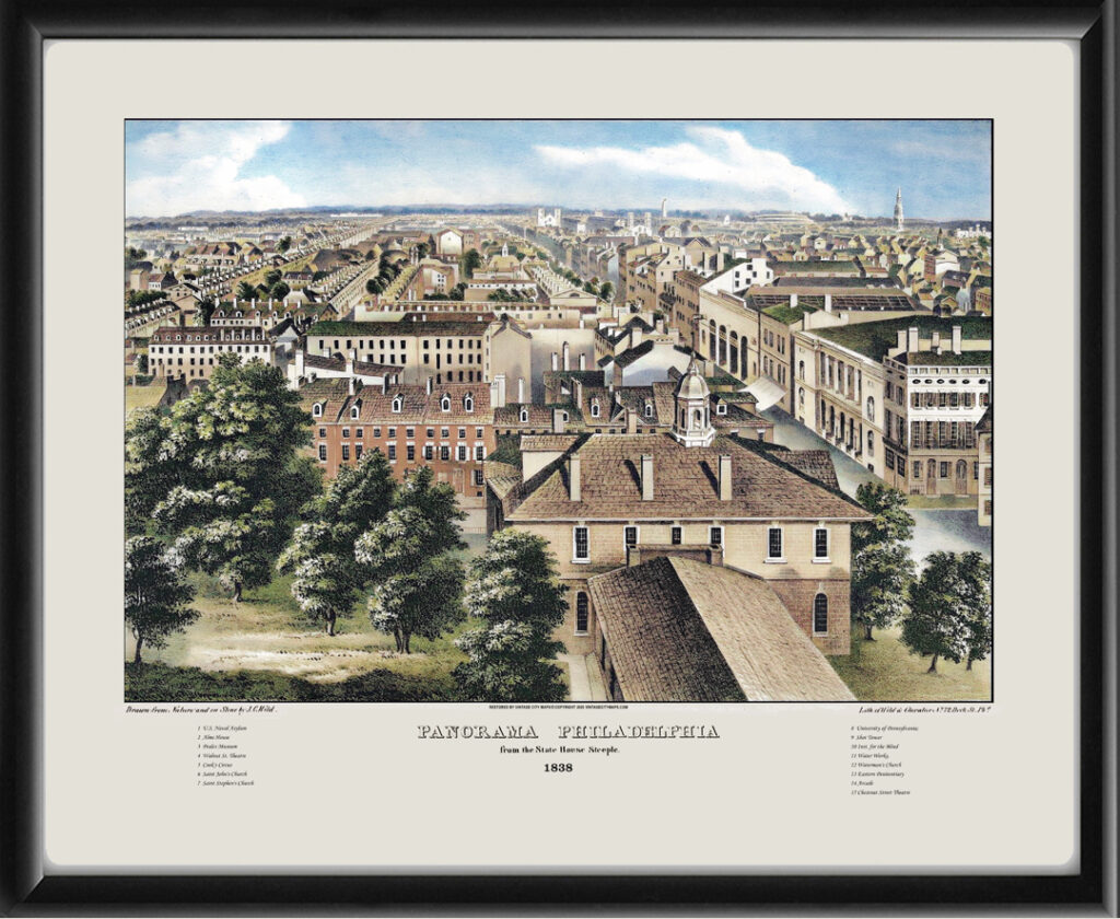 Philadelphia PA 1838 West View (Color) - Restored Panoramic Bird's Eye ...