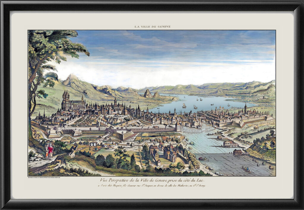 Geneva Switzerland 1765 Restored Bird's Eye View Map | Vintage City Maps