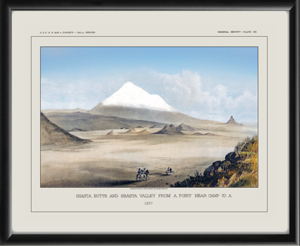 Mount Shasta CA 1857 - Restored Bird's Eye View | Vintage City Maps