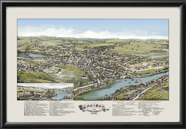 Caribou Maine, 1893 - Restored Bird's Eye View - Vintage City Maps