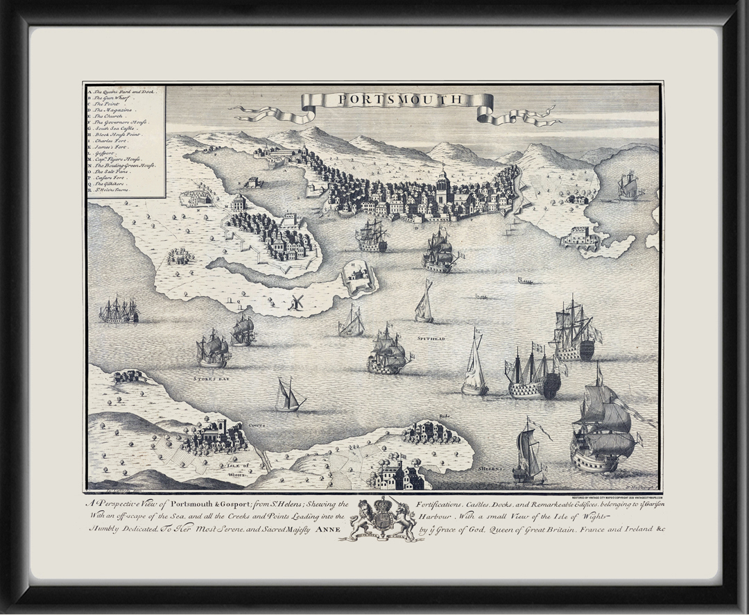 Portsmouth England 1714 - Vintage City Maps, Restored Bird's Eye View Map