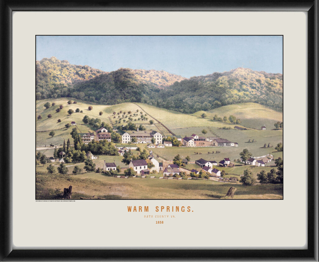 Warm Springs VA 1858 - Vintage City Maps - Restored Bird's Eye View