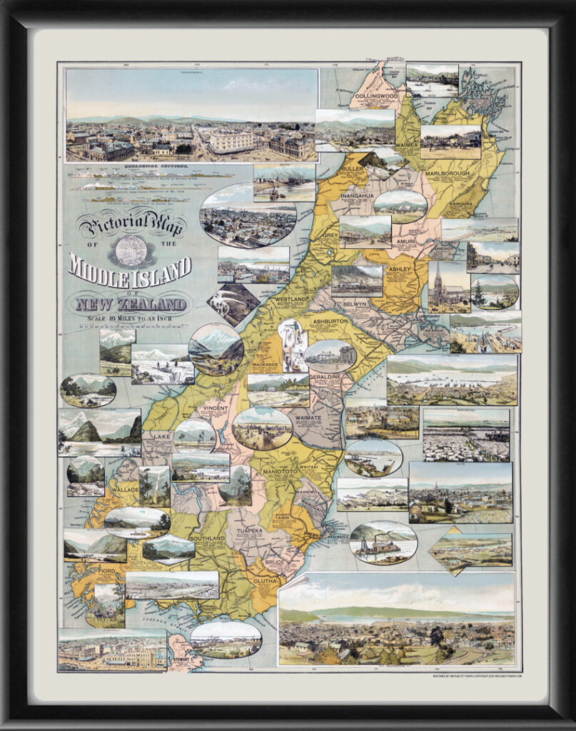 New Zealand - Middle Island 1898 - Restored Bird's Eye Views | Vintage ...