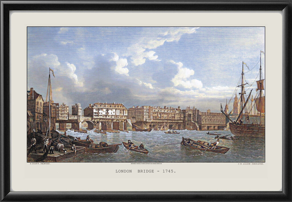 Old London Bridge 1745 (Color) Restored Bird's Eye View | Vintage City Maps