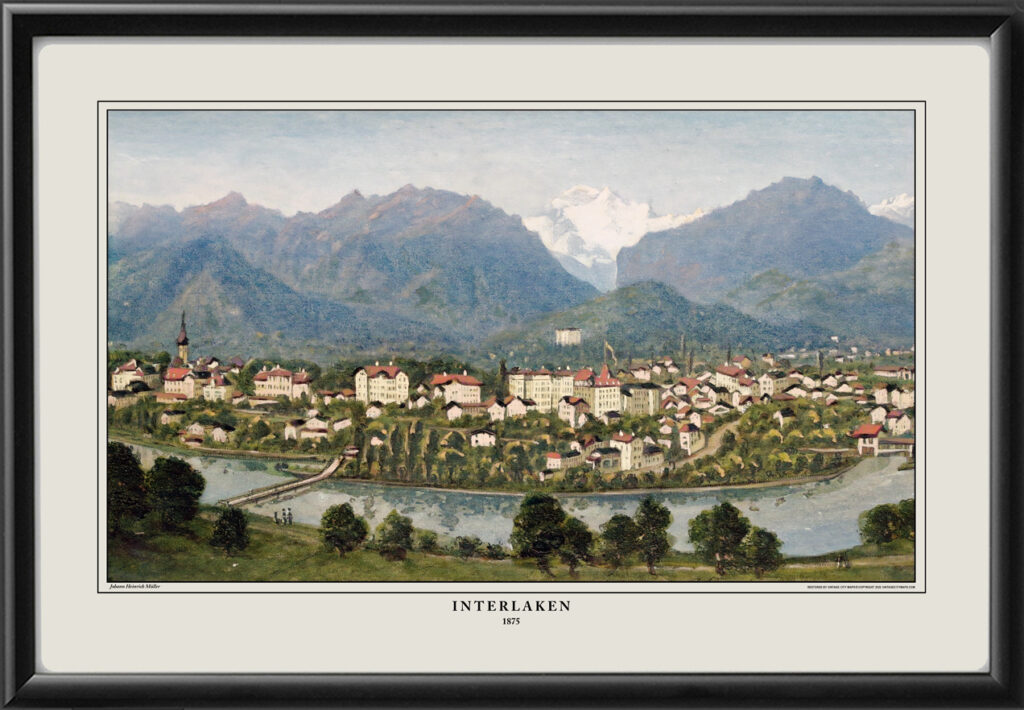 Interlaken Switzerland 1875 - Restored Bird's Eye View | Vintage City Maps