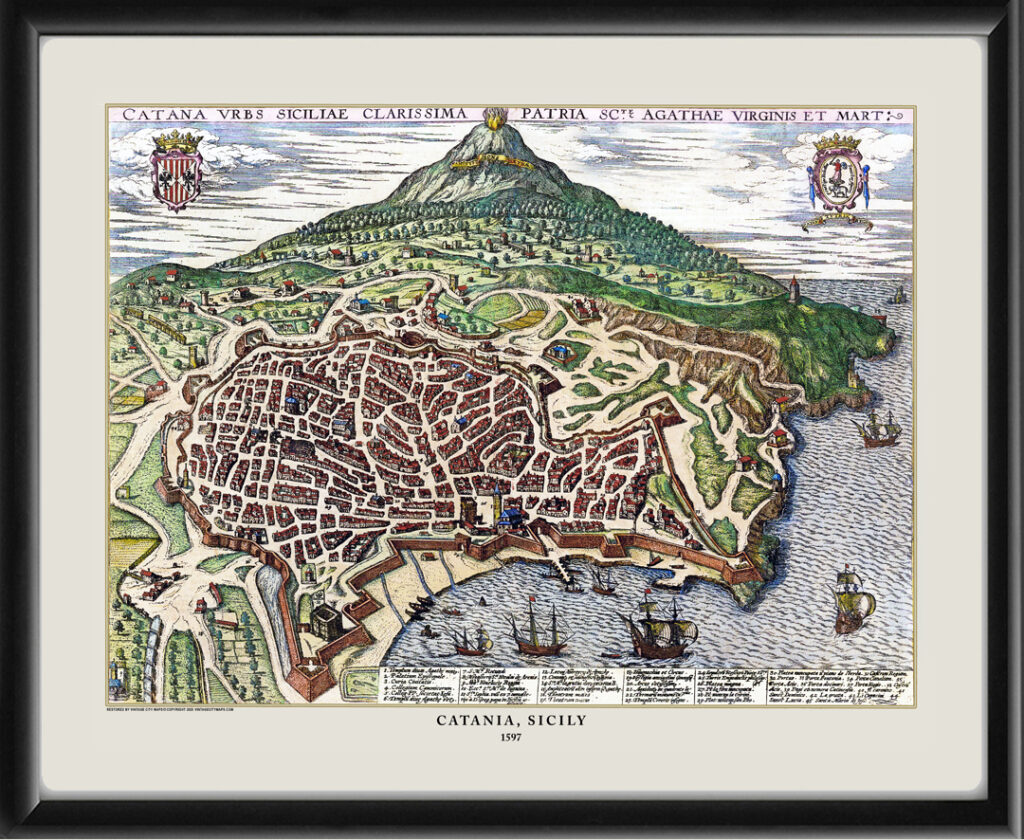 Catania, Sicily, Italy 1597 - Restored Bird's Eye View Map | Vintage ...