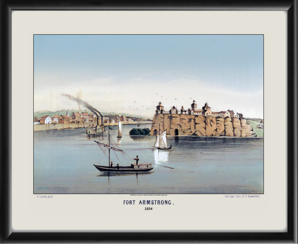 Fort Armstrong IL 1854 - Restored Panoramic View | Vintage City Maps