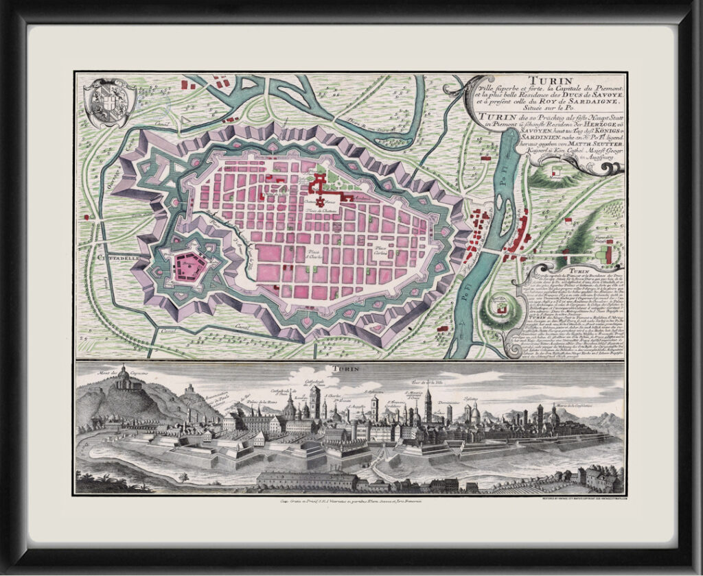 Turin Italy 1730 - Restored Bird's Eye View Map | Vintage City Maps