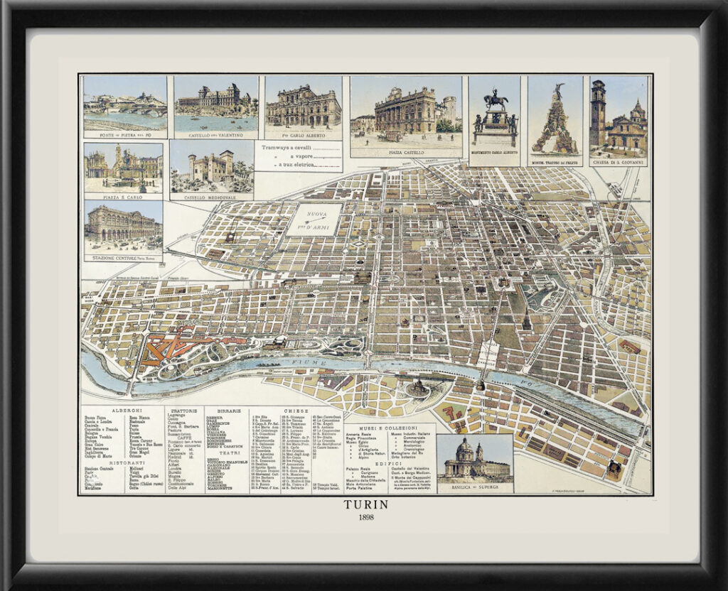 Turin Italy 1898 - Restored Bird's Eye View Map | Vintage City Maps