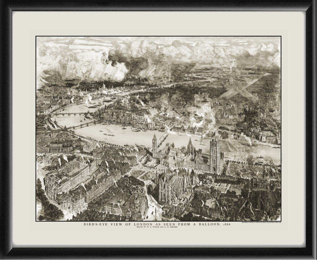 London England 1884 - Restored Bird's Eye View Map | Vintage City Maps