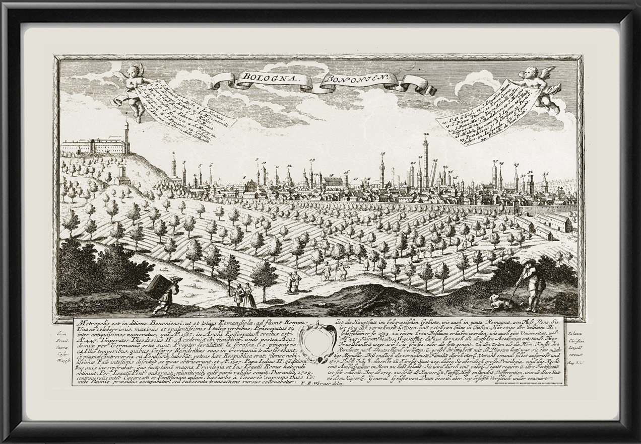 Bologna Italy 1725 - Restored Bird's Eye View Map | Vintage City Maps