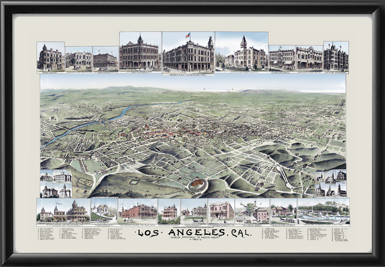 Los Angeles CA 1887 (Color) - Restored Bird's Eye View Map | Vintage ...